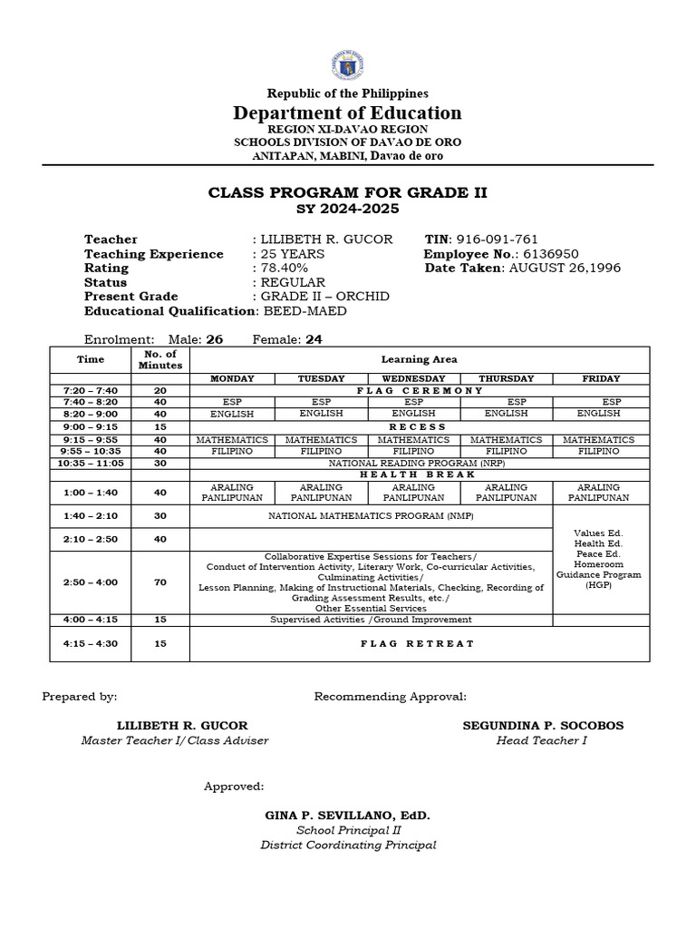 Class Program 2023 2024 | PDF | Teachers | Behavior Modification