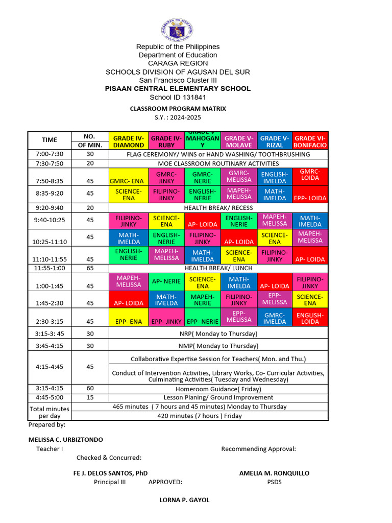 Pces Class Program 2024 2025 Matrix | PDF | Educational Institutions ...