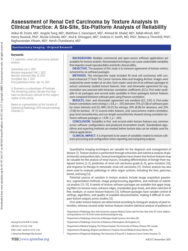 Doshi Et Al 2021 Assessment of Renal Cell Carcinoma by Texture Analysis ...