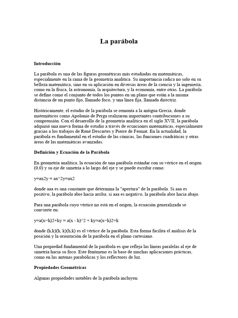Parábola: Definición y Aplicaciones | PDF | Geometría analítica ...