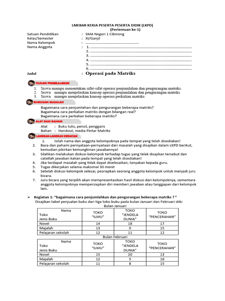 LKPD Matriks Pertemuan Operasi Matriks | PDF