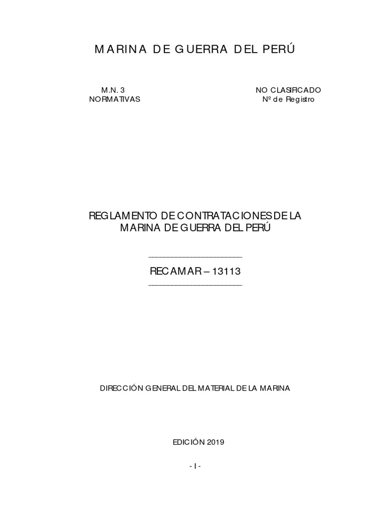 Reglamento de Contrataciones de La Marina de Guerra Del Peru Recamar ...