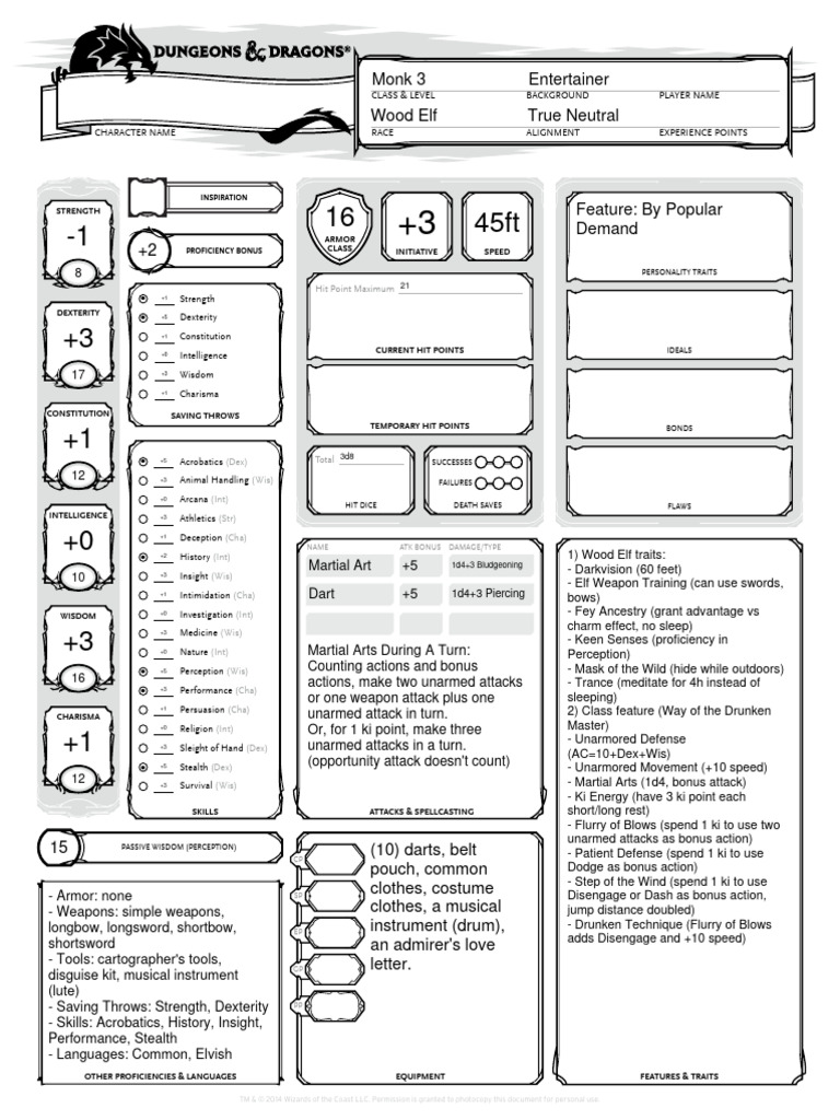 Drunk Wood Elf Monk - Character Sheet | PDF | Role Playing Games