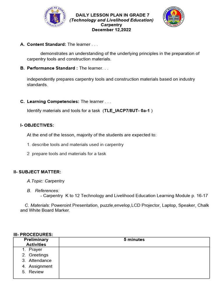 DLP IN TLE Carpentry | PDF | Lumber | Carpentry
