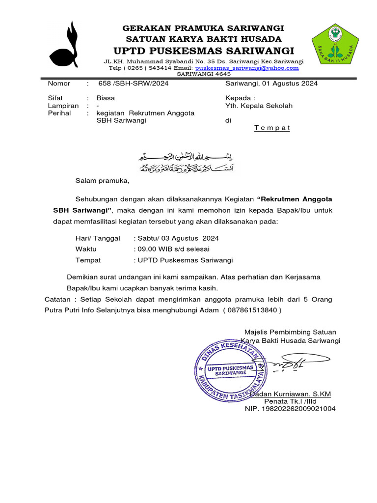 Surat Pemberitahuan Rekrutmen SBH | PDF