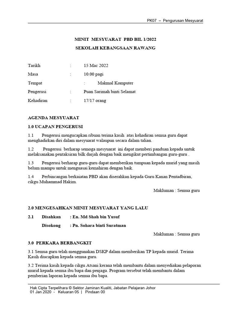 Minit Mesyuarat PBD Bil 1 | PDF