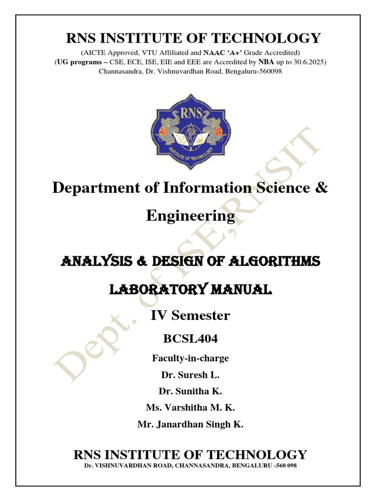 RNSIT BCSL404 - ADA Lab Manual | PDF | Engineering | Integer (Computer ...