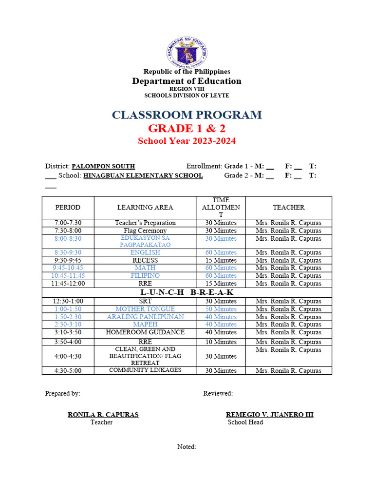 Classroom and Teachers Program S.Y. 2023 2024 | PDF | Learning | Philippines
