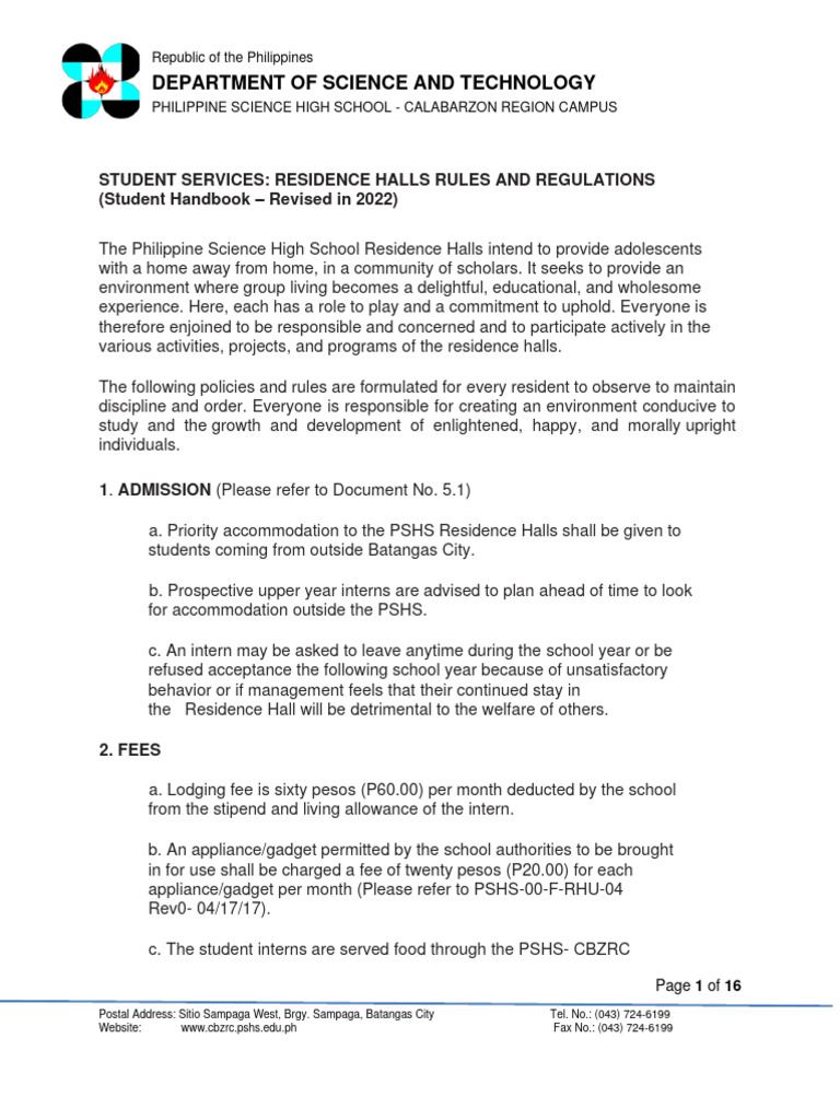 Residence Halls Rules and Regulations | PDF | Meal | Toilet