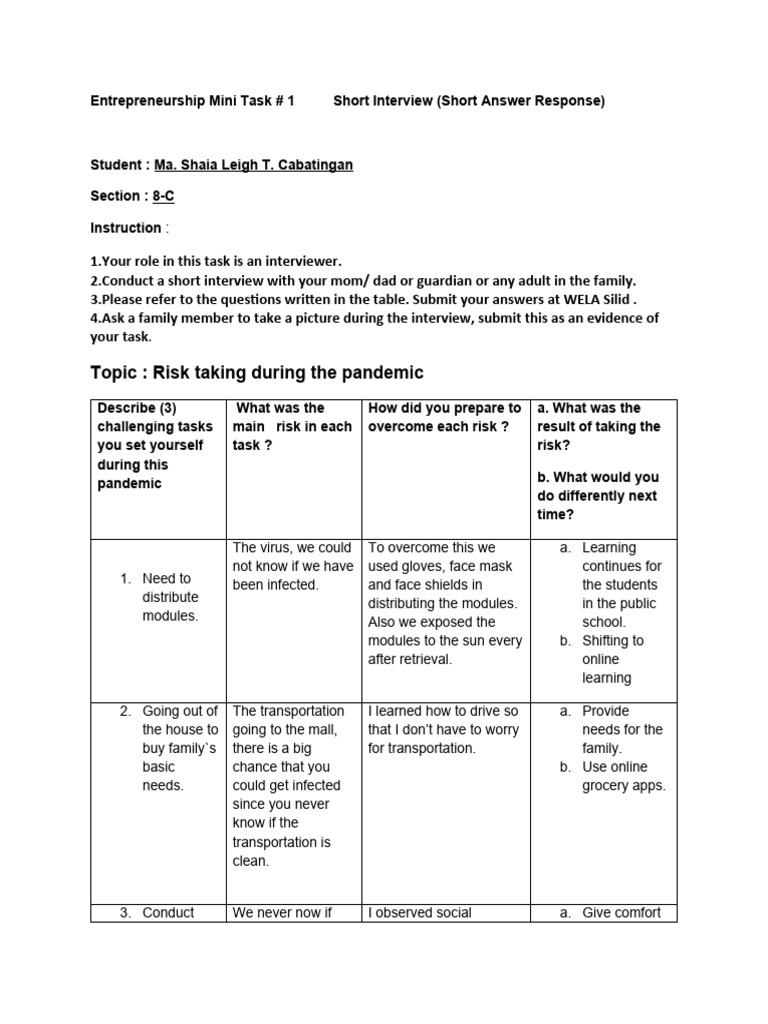 Shaia Cabatingan - 8C - Short Interview Mini Task TLE | PDF | Interview | Human Communication