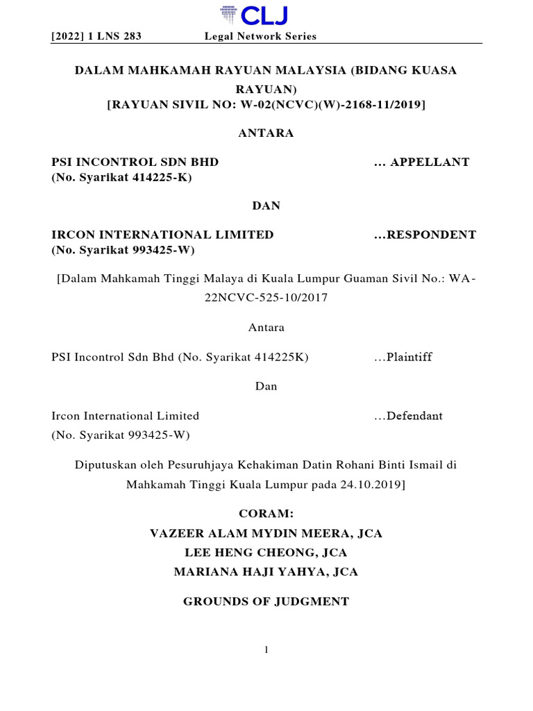 PSI Incontrol SDN BHD V Ircon International Limited | PDF | Judgment ...