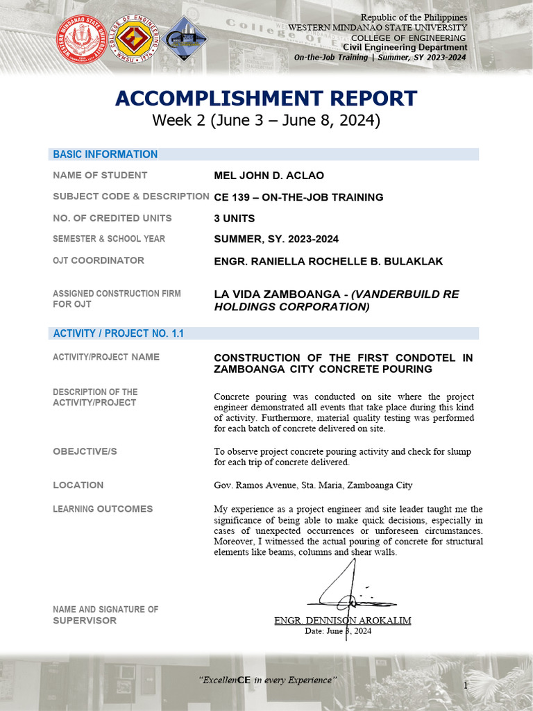 OJT Accomplishment Report: Week 2 | PDF | Leadership | Project Management