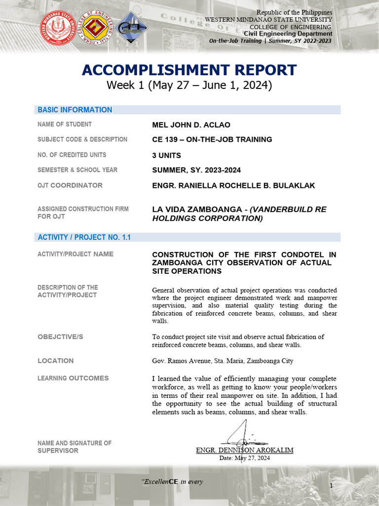 OJT Accomplishment Report: Civil Engineering | PDF