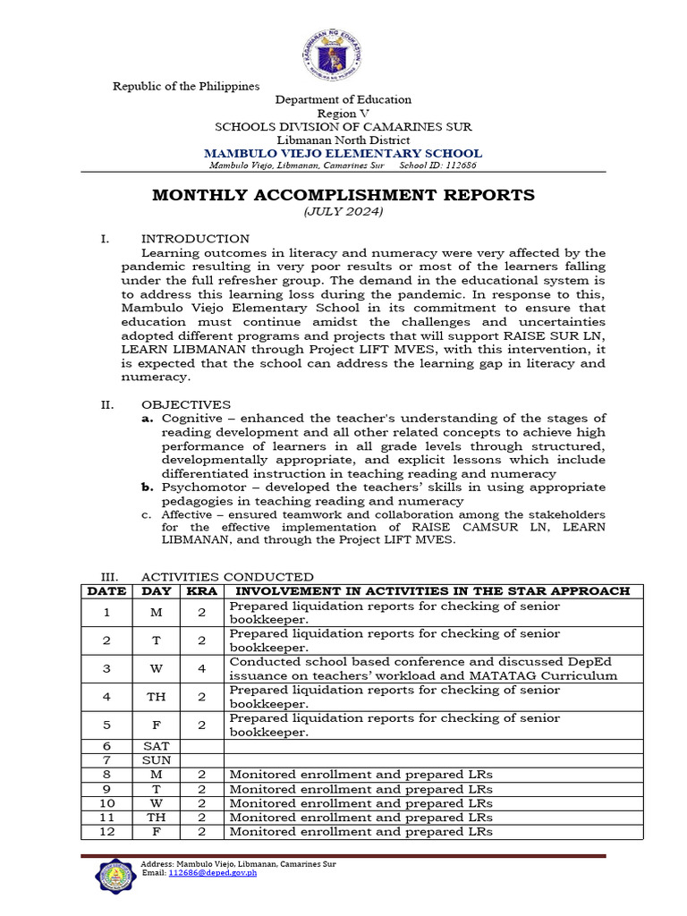 Accomplishment-Report-School Head | PDF | Literacy | Learning