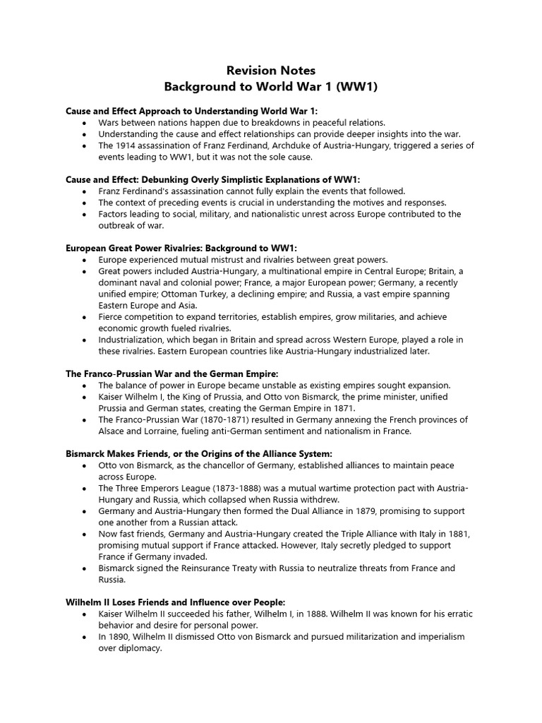 Revision Notes - 1 Background to World War 1 | PDF | German Empire ...