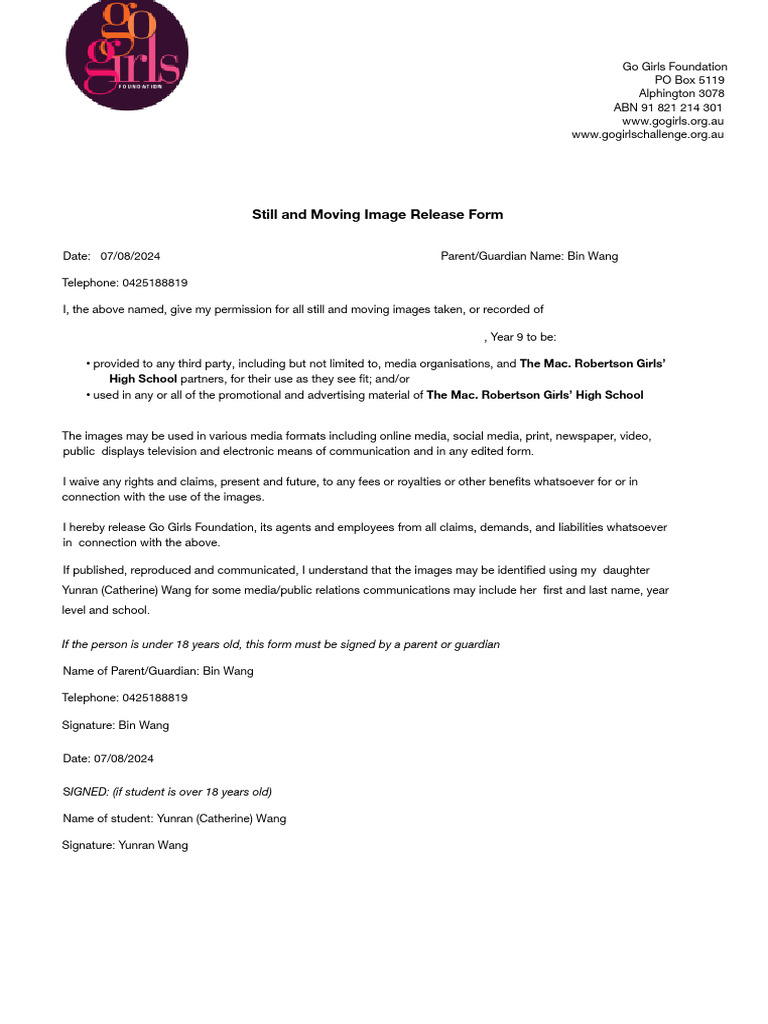 Go Girls Foundation Image Release Form | PDF | Public Sphere | Human ...