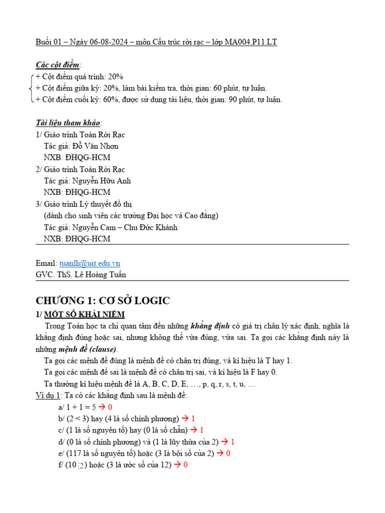 Buoi 01 - Ngay 06-08-2024 - Mon Cau Truc Roi Rac - Lop MA004.P11.LT | PDF