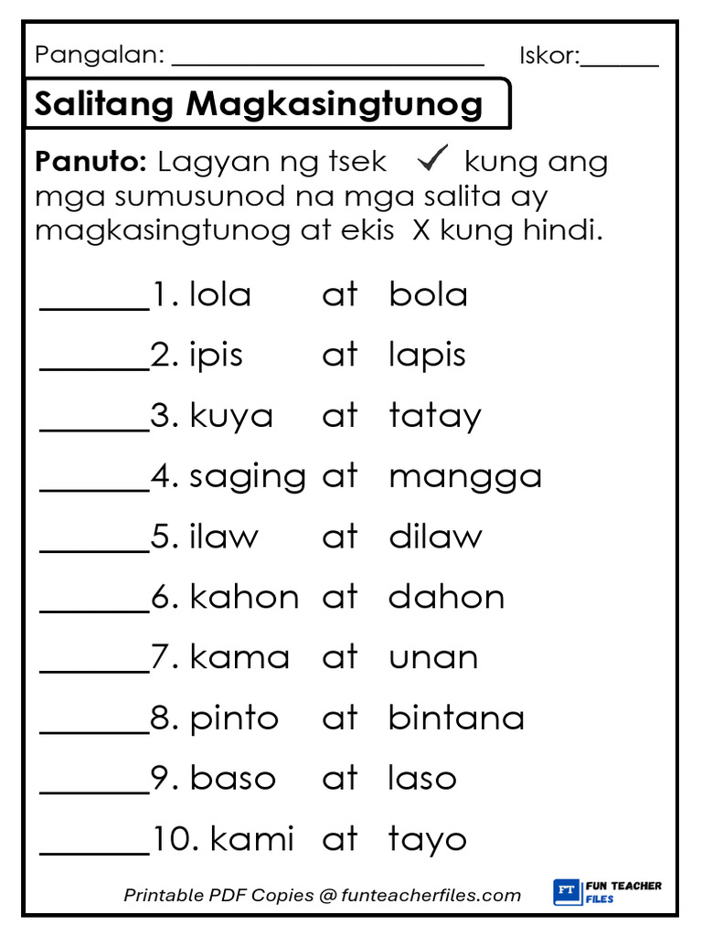 Salitang Magkasingtunog Worksheet Set 2 | PDF
