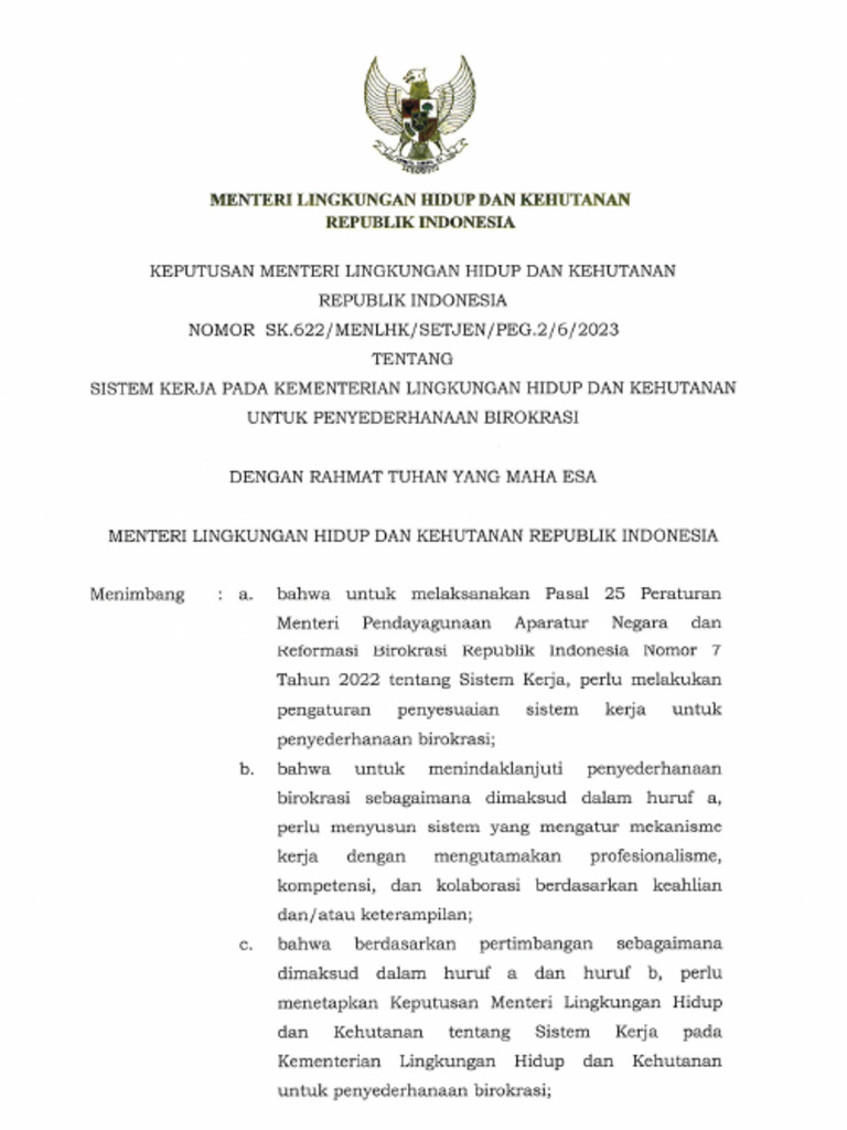 KepMenLHK 2023 SK.622 Sistem Kerja Pada KLHK Untuk Penyederhanaan ...