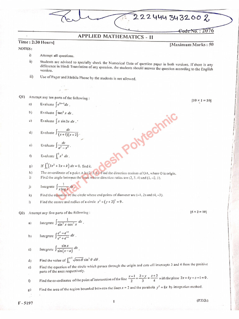Applied Mathematics 2nd PYQP 2022 | PDF