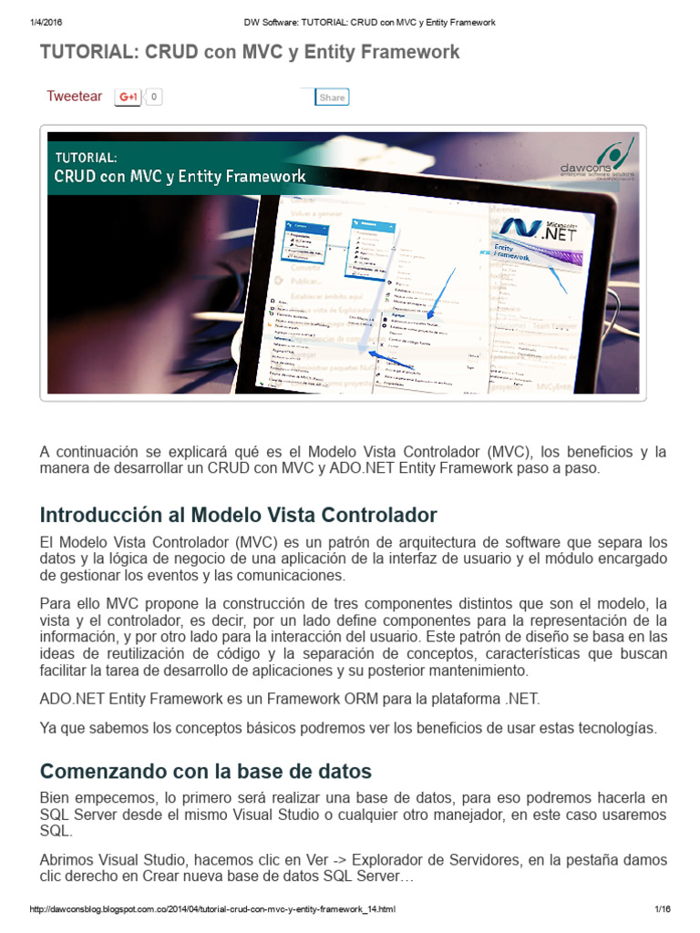 MI TUTORIAL CRUD Con MVC Entity Framework 2.0 | PDF | Modelo – Vista – Controlador | Gestión de ...