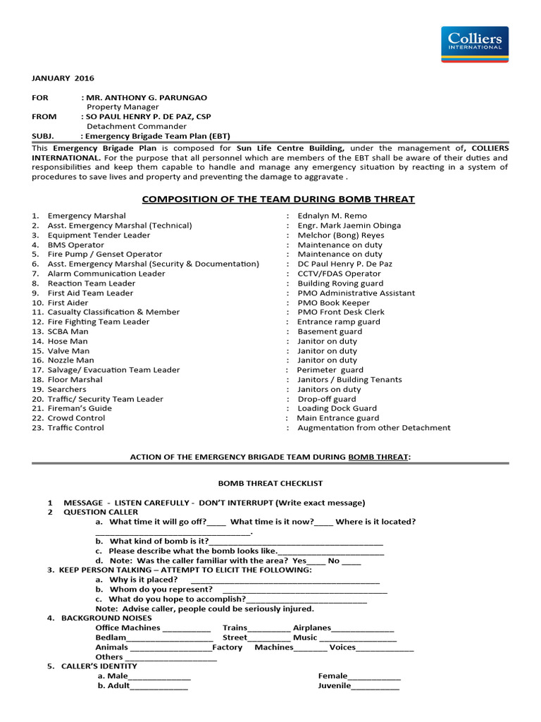 Bomb Threat Emergency Response Plan | PDF | First Aid | Emergency ...