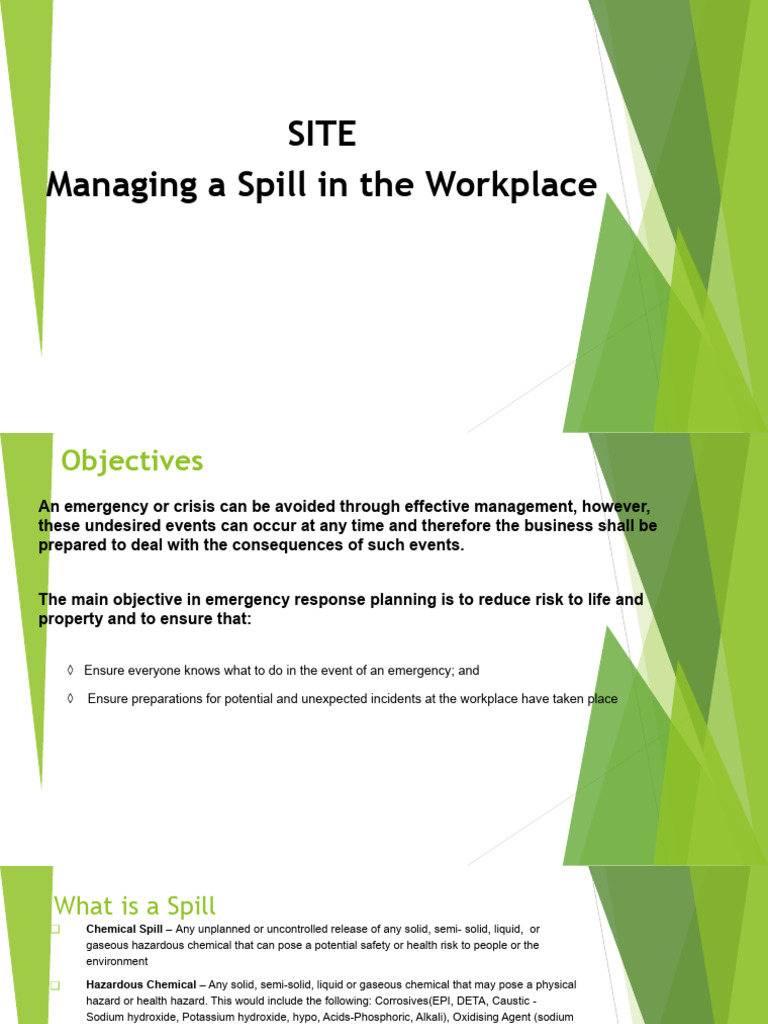 Managing Spill in The Work Place | PDF | Hazards | Emergency
