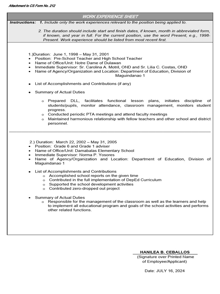 Work Experience Sheet | PDF | Teachers | Cognition
