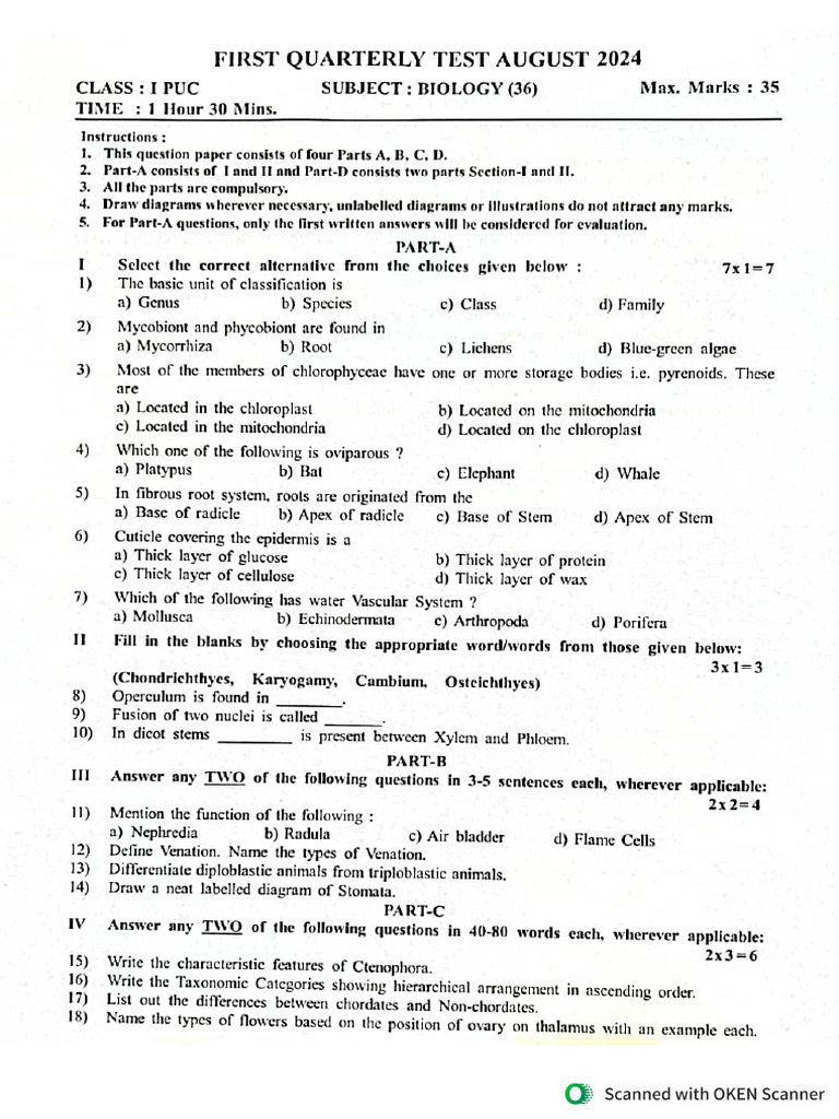 Biology Quarterly Test QP | PDF