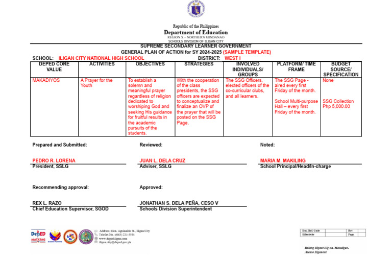 SSLG - SELG General Plan of Action SY 2024-2025 | PDF