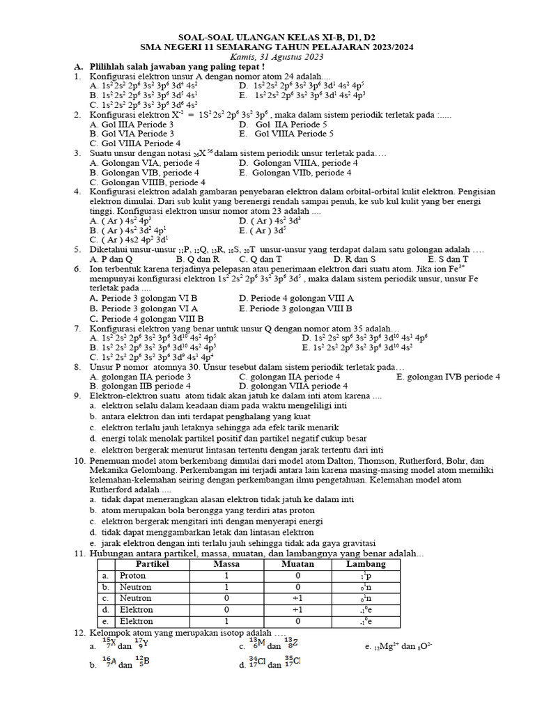 Soal Ulangan Struktur Atom, Spu - Ulangan 2023 | PDF