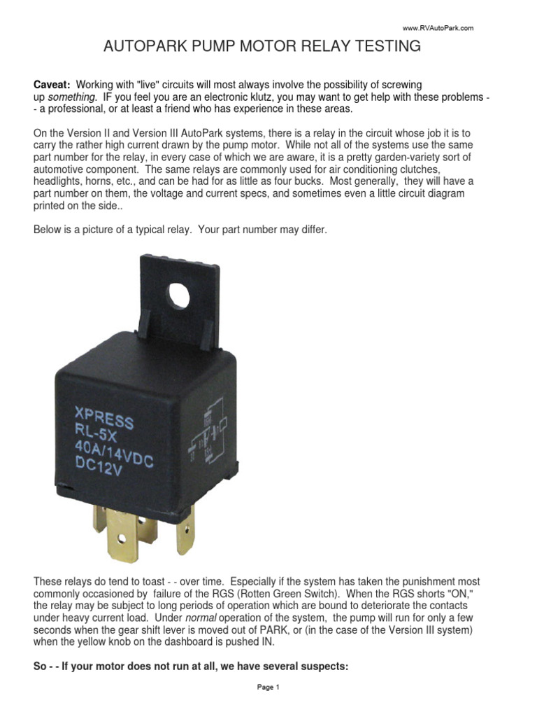 AutoPark-pump-motor-relay-testing | PDF | Relay | Electrical Connector