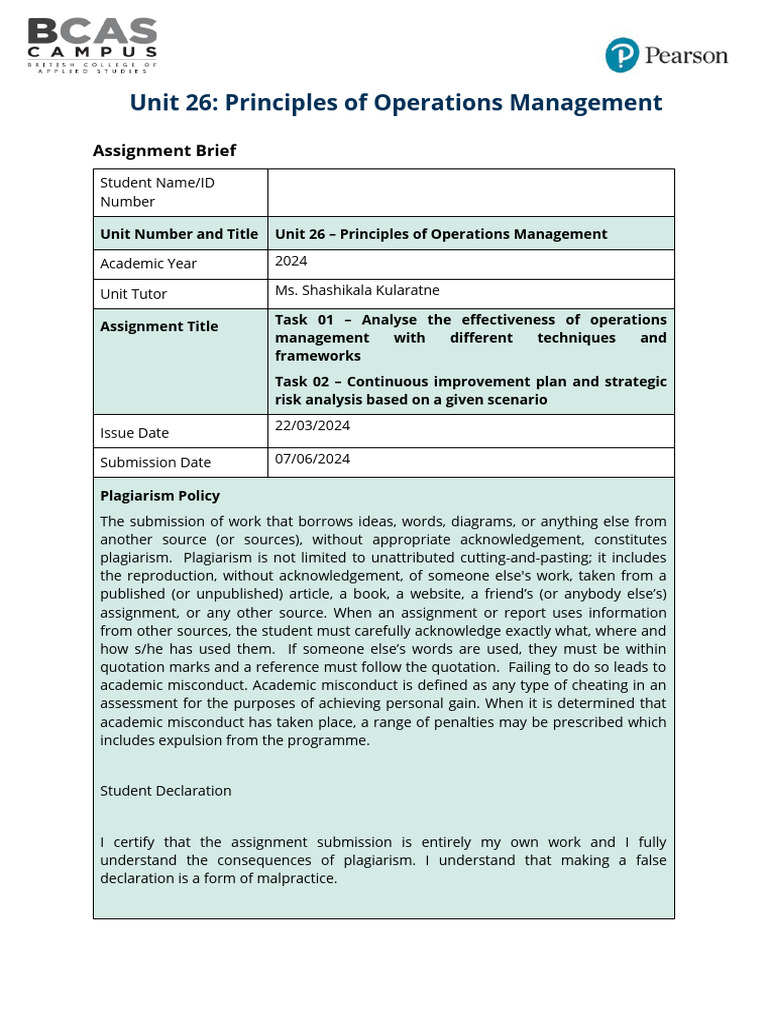 POM - Final Assignment Brief - B54 - 55 | PDF | Plagiarism | Risk
