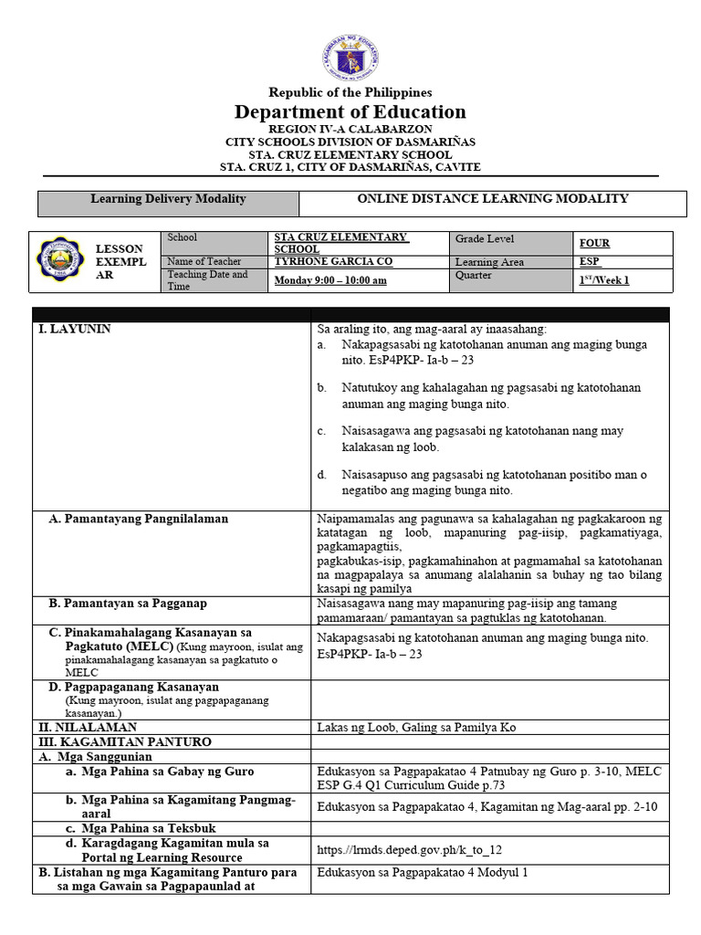 ESP4-Lesson Exemplar-1st Q-Week 1 | PDF