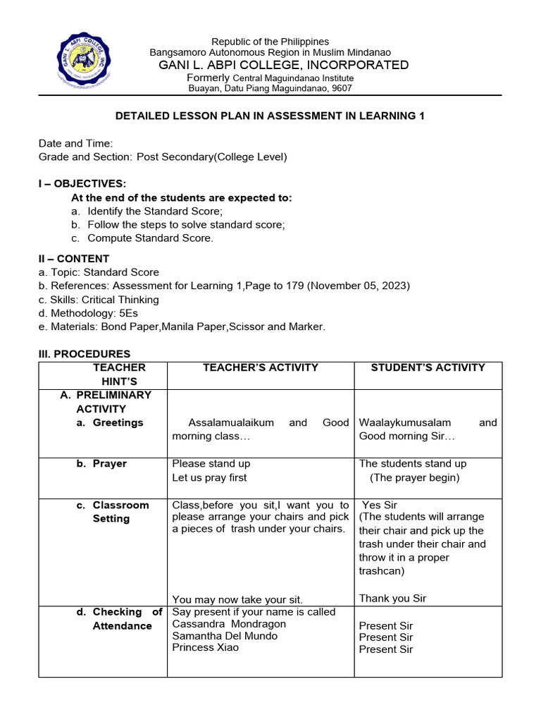 Lesson Plan: Understanding Standard Scores | PDF | Standard Score ...