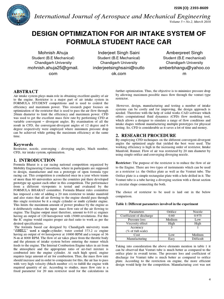Design Optimization For Air Intake System of | PDF | Compressible Flow ...