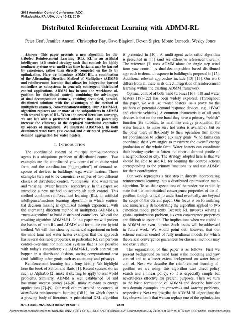 Distributed Reinforcement Learning With ADMM-RL | PDF | Turbine