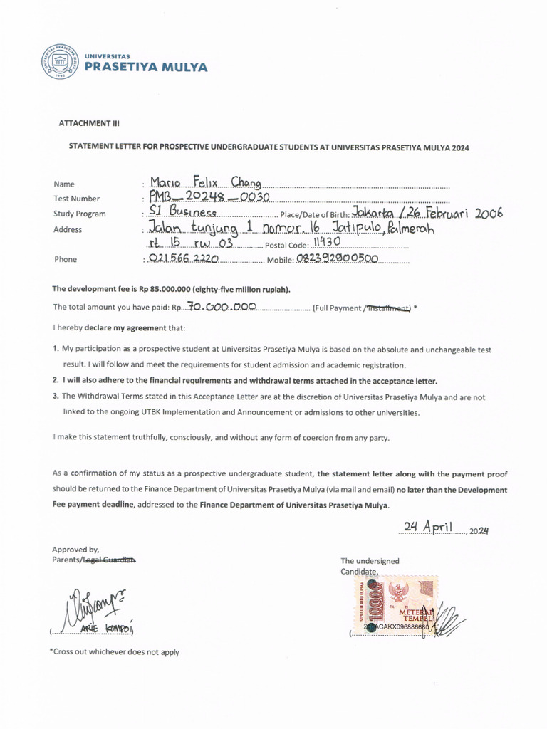 Statement Letter Prasmul - Mario Felix Chang | PDF