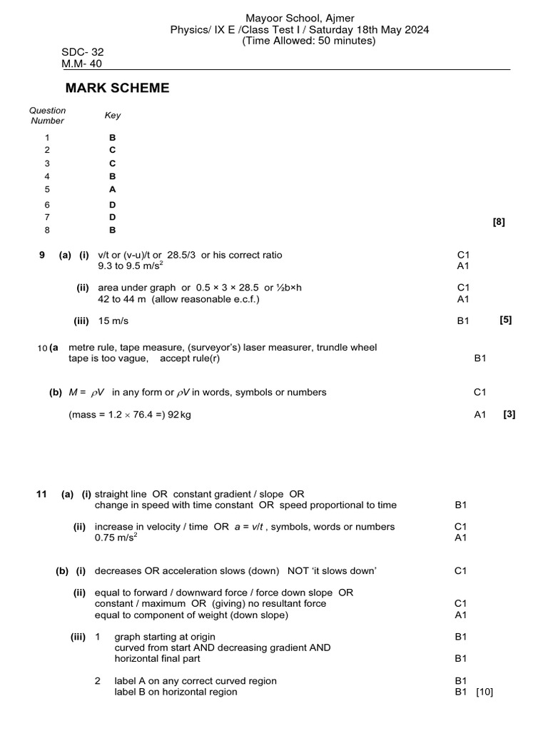 Mark Scheme: Number Key 1 B 2 C 3 C 4 B 5 A 6 D 7 D 8 B | PDF ...