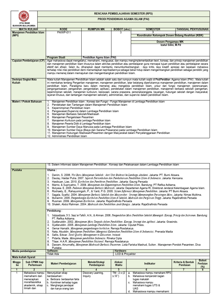 RPS Manajemen Pendidikan Islam - Izatul Silmi 2023 | PDF
