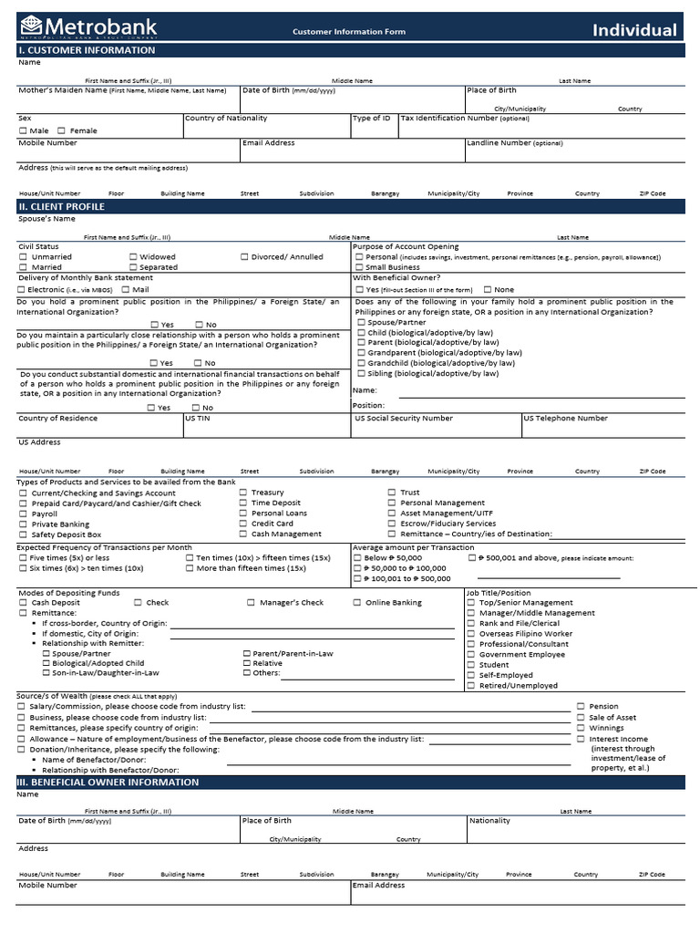 Customer Information Form Individual | PDF | Banks | Cheque