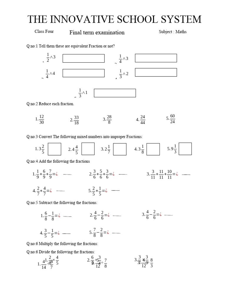 Class Four Maths Exam: Fractions Guide | PDF | Lexicology | Division (Mathematics)