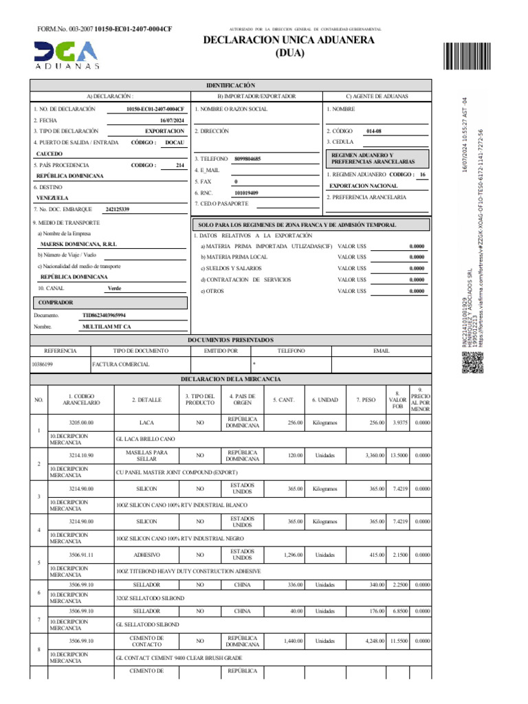 Declaracion Unica Aduanera (DUA) : FORM - No. 003-2007 10150-EC01-2407 ...