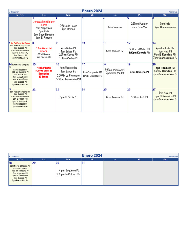 Horario de Misa Enero 2024 | PDF | Eastertide | Calendario litúrgico