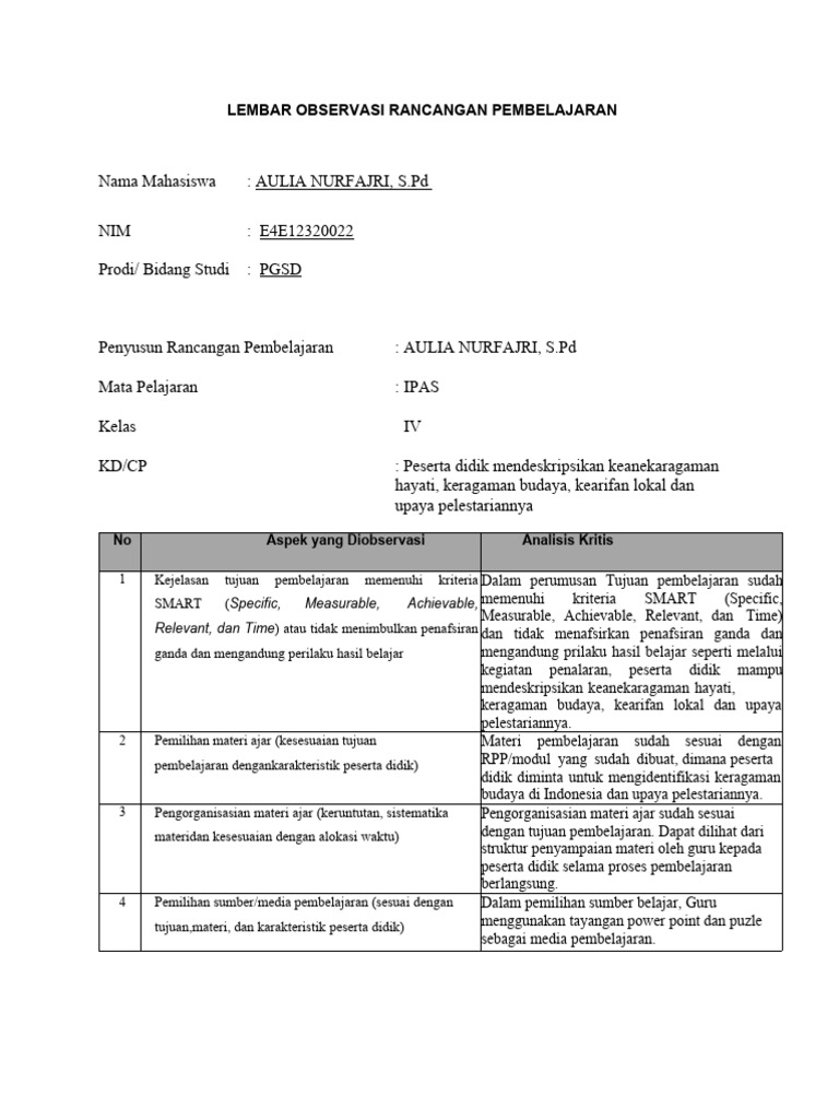 S2-LK 3 Format Lembar Observasi Rancangan Pembelajaran-PPL II | PDF