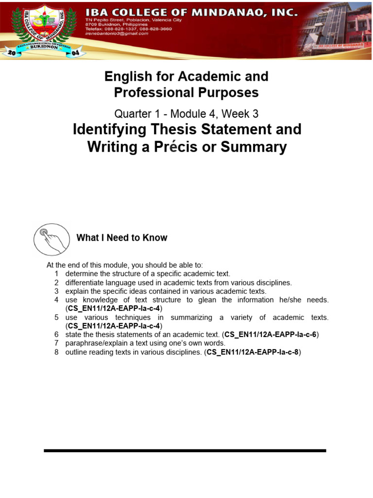 English-for-Academic Q1 Mod4 Wk4 V5 | PDF | Thesis | Thought