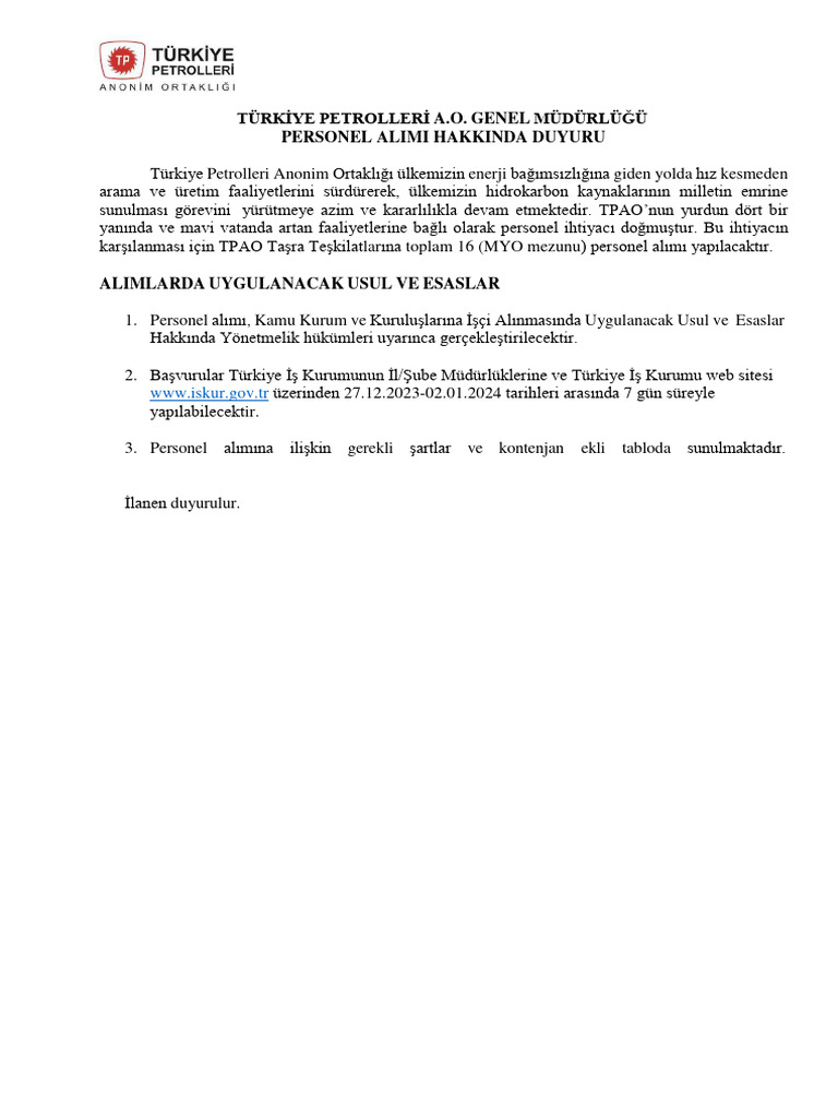 2023-112-111300-TPAO - 16 Kişilik Önlisans Personel Talep Tablosu - 27 ...