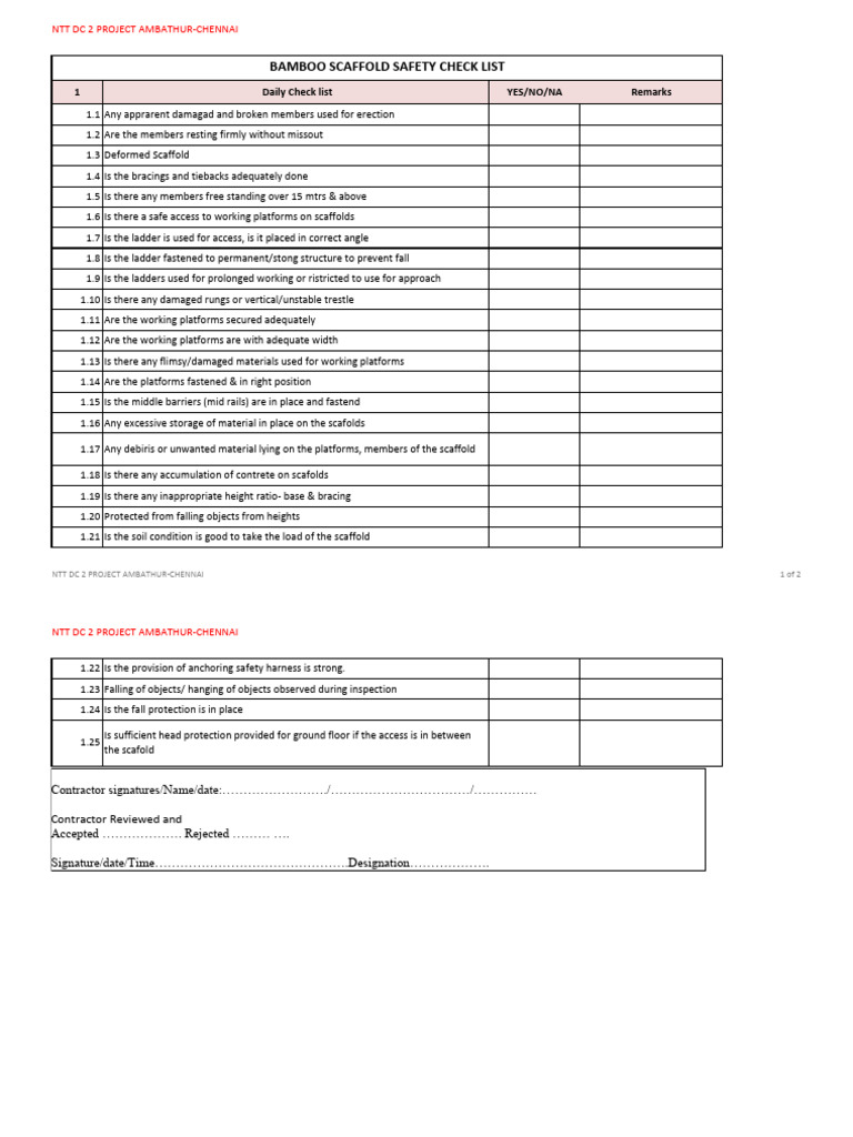 Bamboo Scaffold CHK List | PDF | Scaffolding