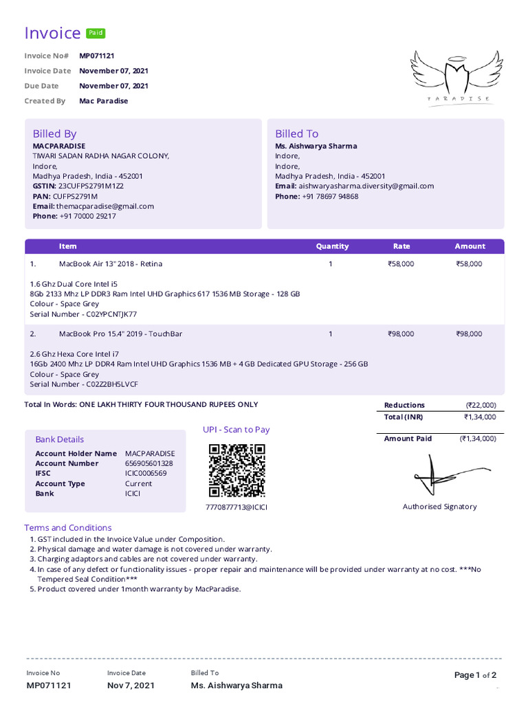 Invoice Mp071121 Macparadise Ms Aishwarya Sharma | PDF | Personal ...