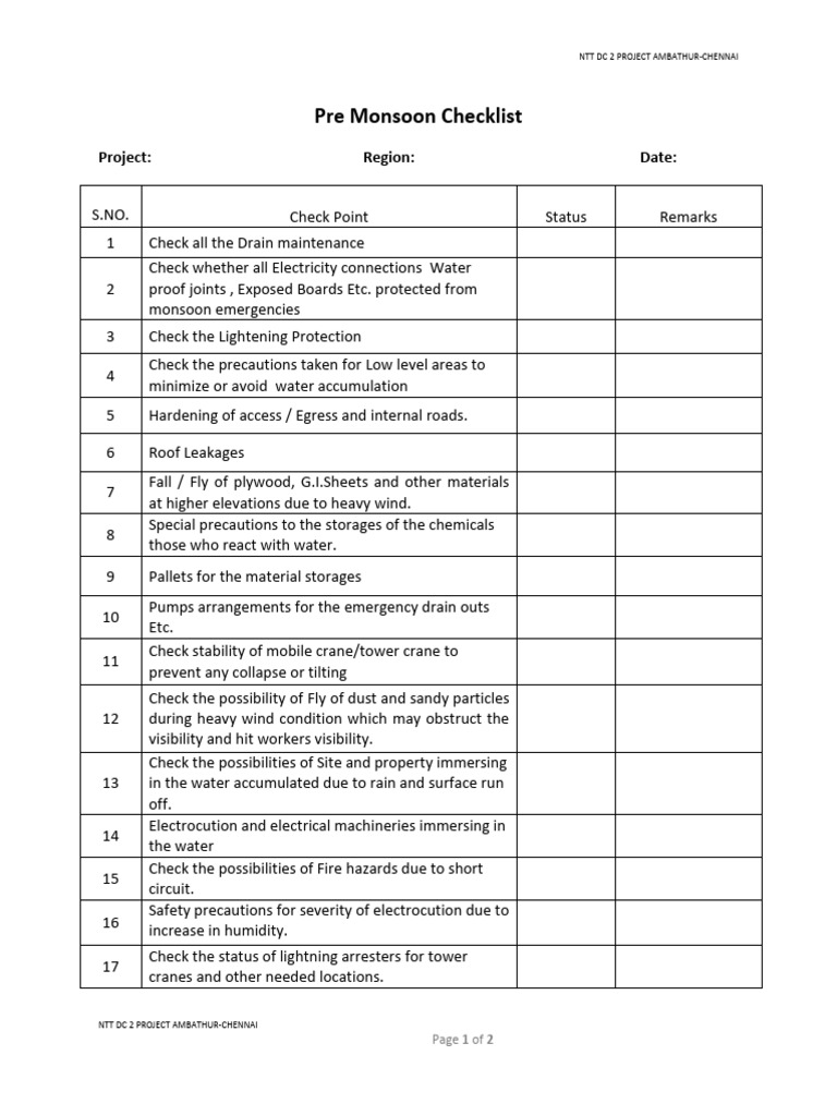 HSE Pre Monsoon CHK List | PDF | Safety | Occupational Safety And Health